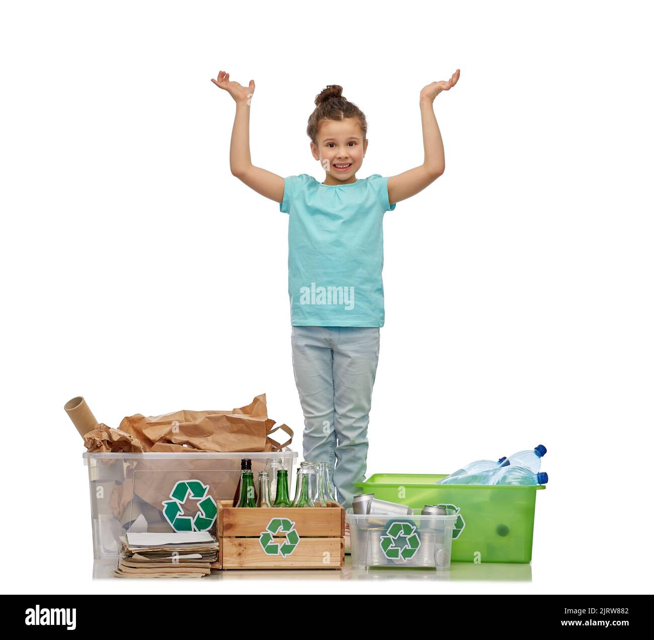 happy girl sorting paper, metal and plastic waste Stock Photo - Alamy