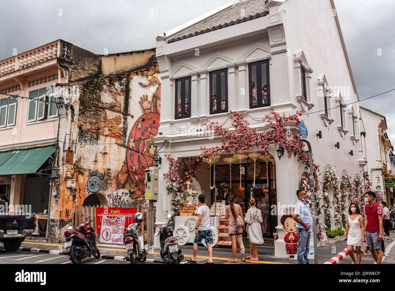 Phuket, Thailand - July 2022: White building with pink flowers on ...