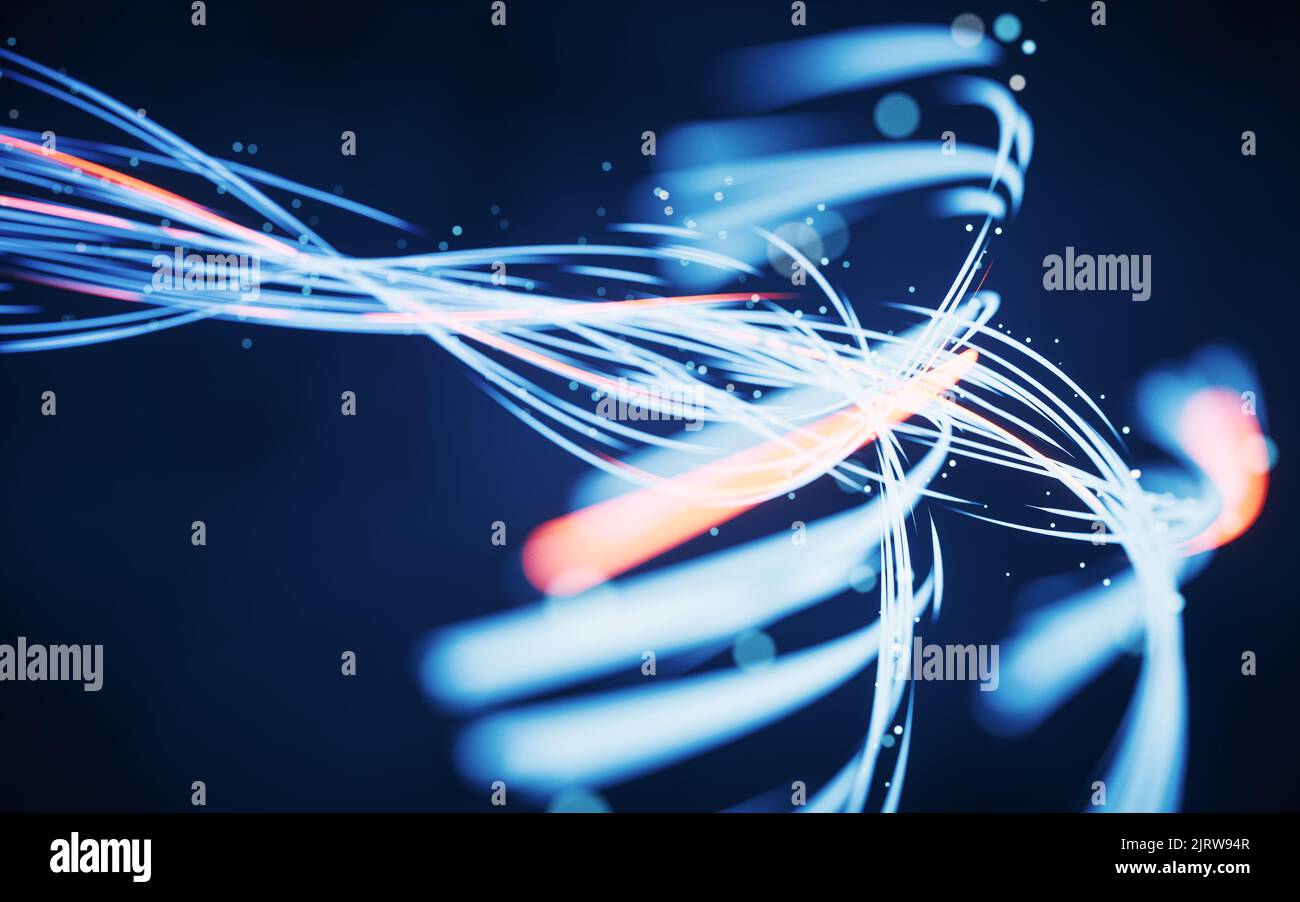 Flowing curves with glowing neon lines, 3d rendering. Computer digital ...