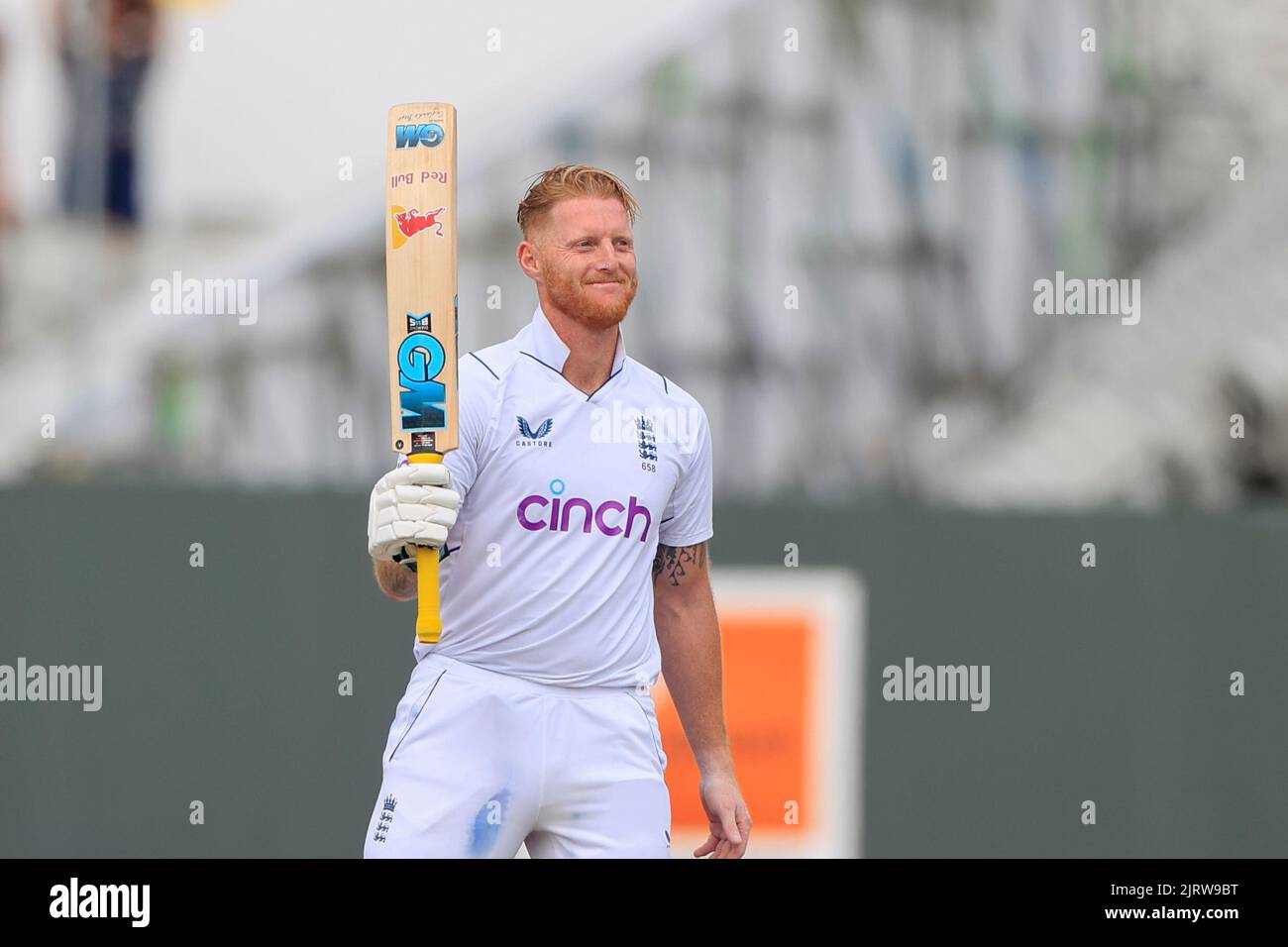 Ben Stokes of England raises his bat as he reaches his century Stock ...