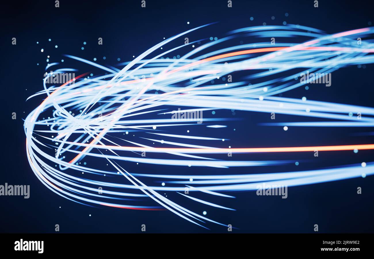 Flowing curves with glowing neon lines, 3d rendering. Computer digital ...