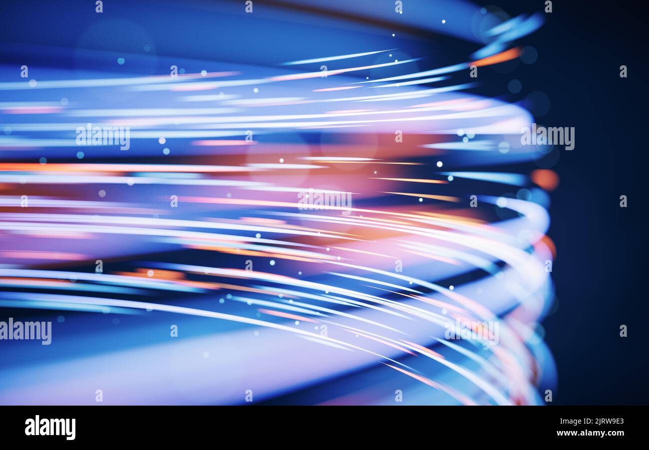 Flowing curves with glowing neon lines, 3d rendering. Computer digital ...