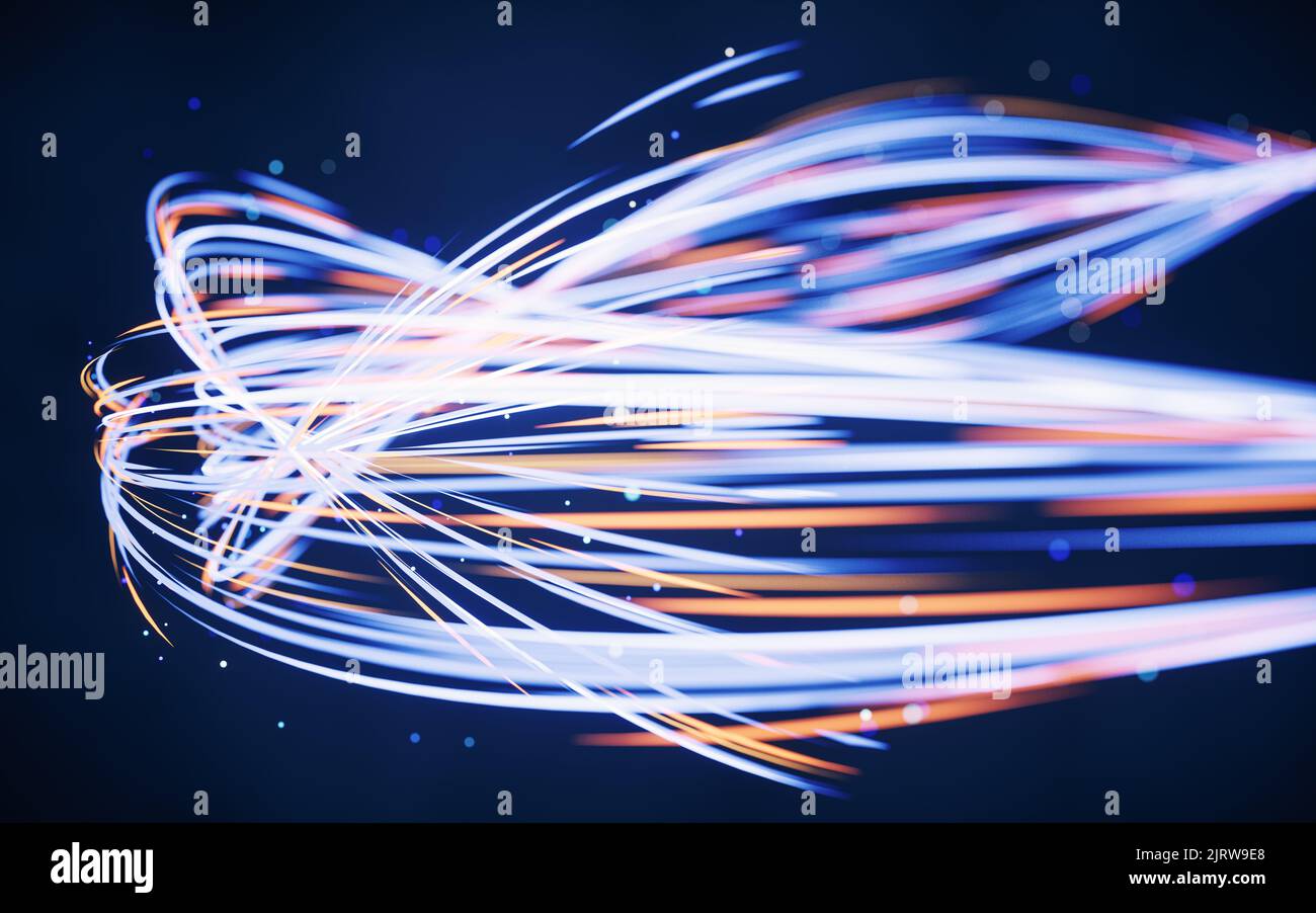 Flowing curves with glowing neon lines, 3d rendering. Computer digital ...