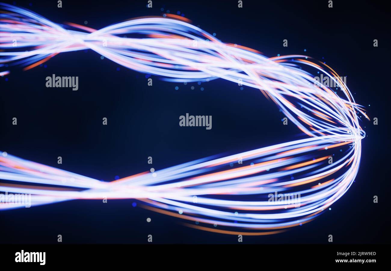 Flowing curves with glowing neon lines, 3d rendering. Computer digital ...