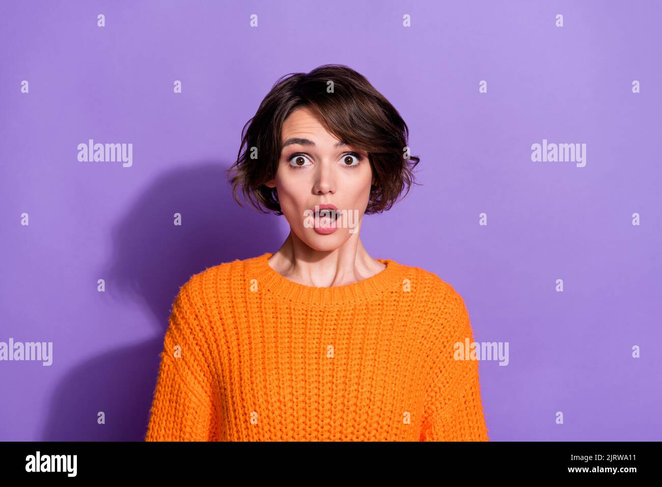 Photo of young girl astonished fake novelty open mouth face reaction ...