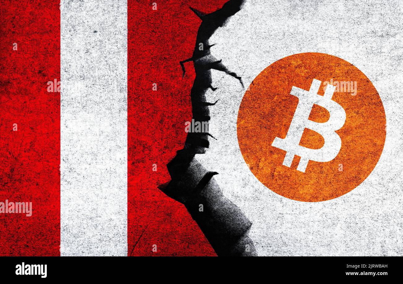 Bitcoin and Peru flag on a wall with a crack. Peru Bitcoin banned, not ...