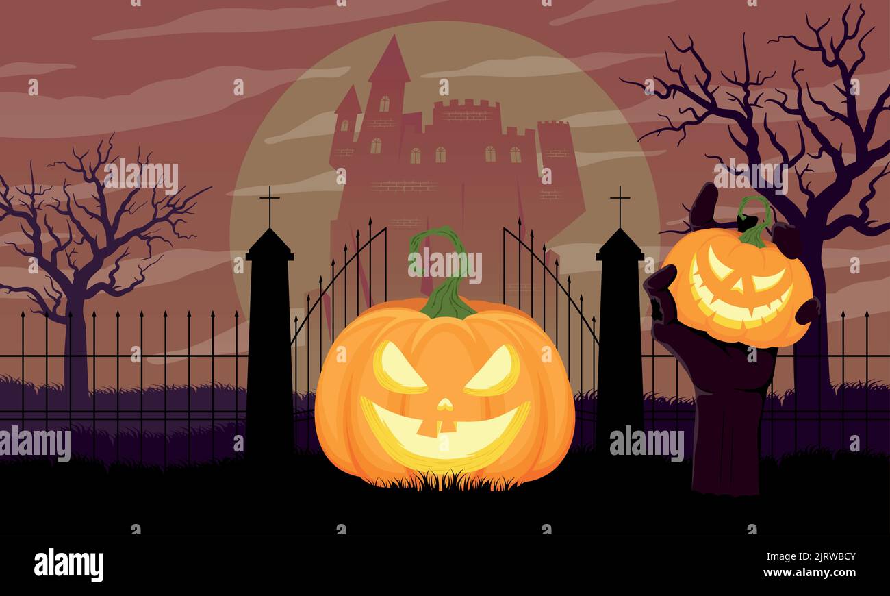 halloween castle gate and pumpkins scene Stock Vector Image & Art - Alamy