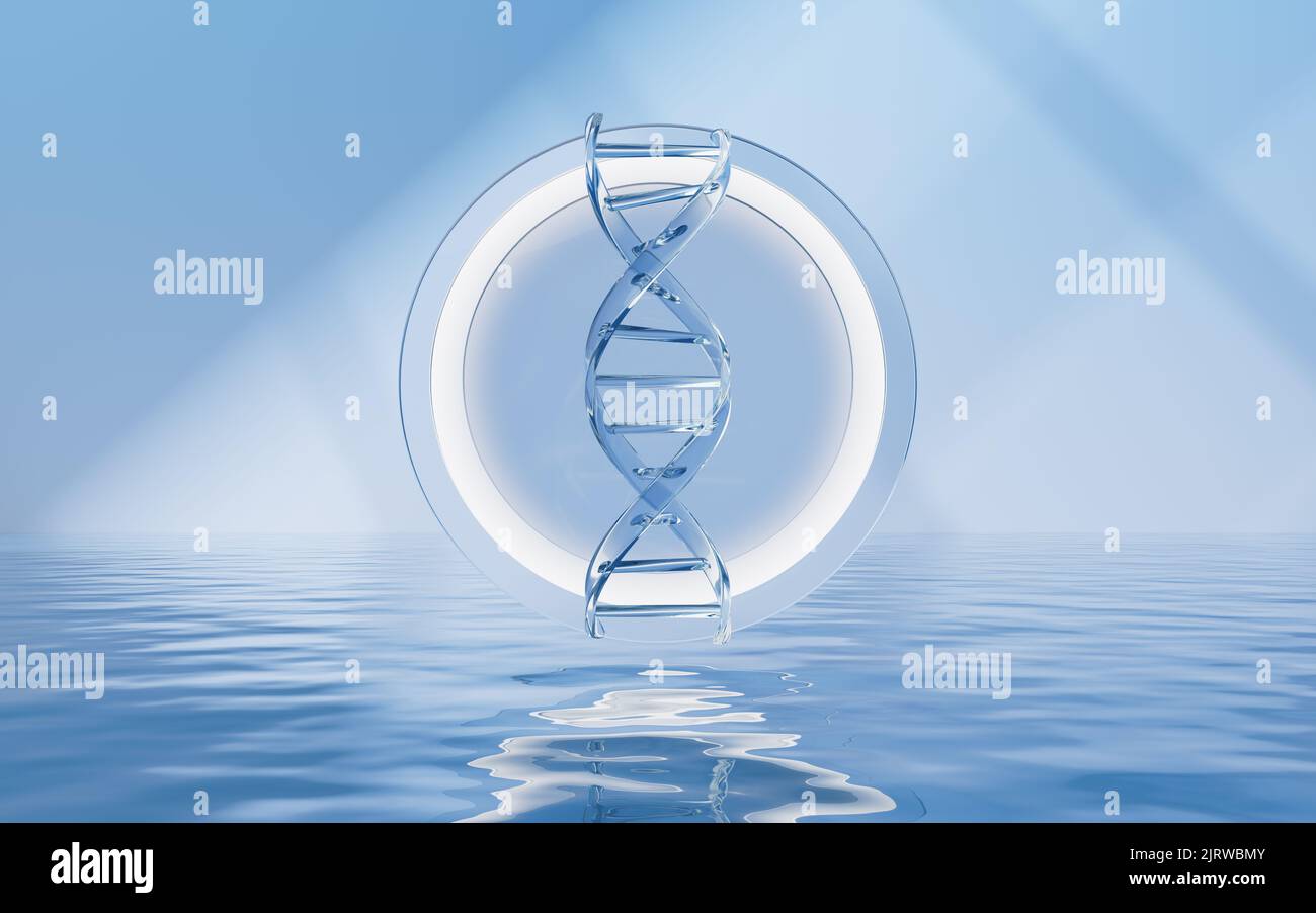 DNA with water surface background, 3d rendering. Computer digital ...