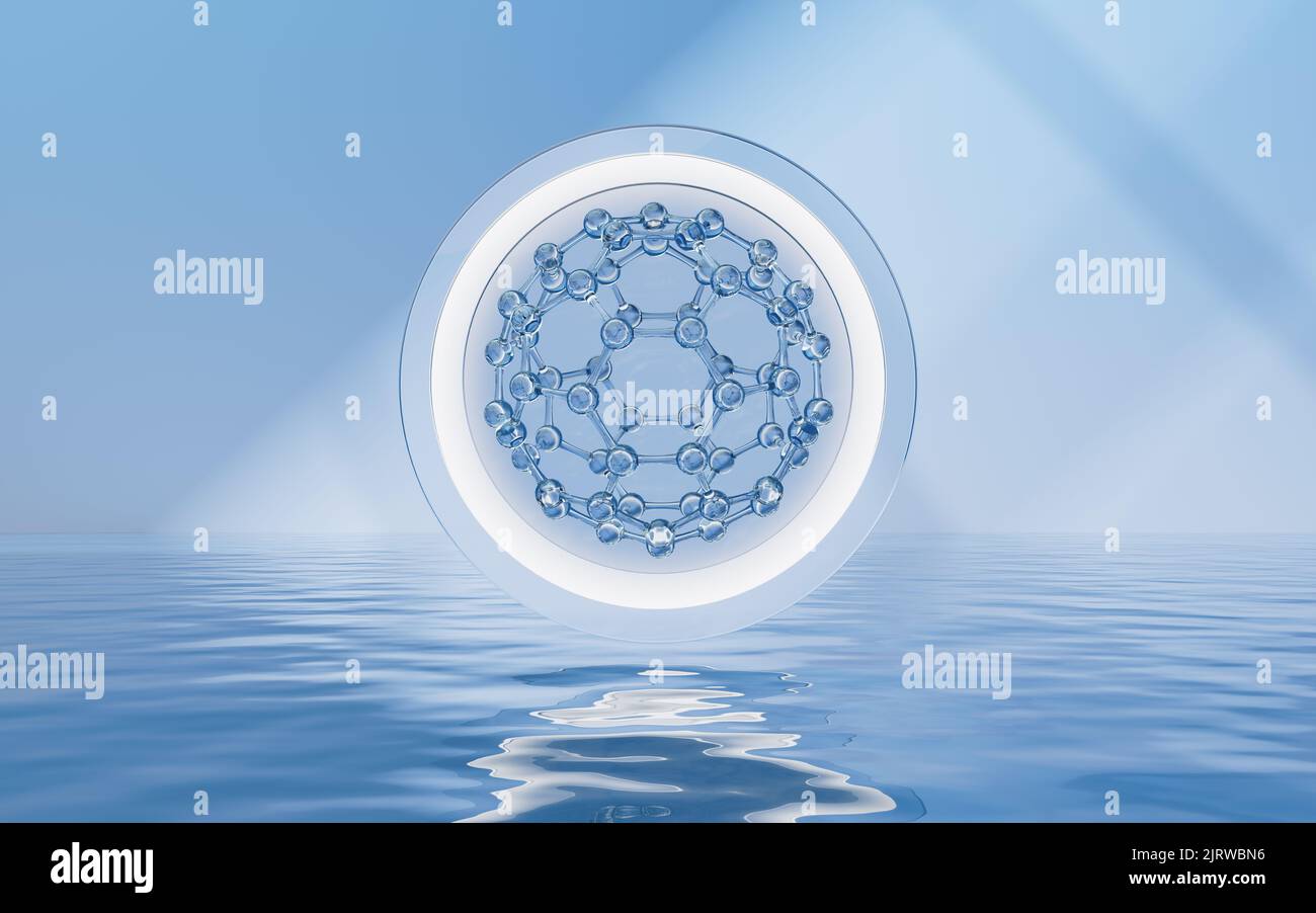 Molecule with water surface background, 3d rendering. Computer digital ...