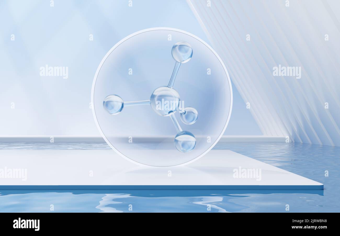 Molecule with water surface background, 3d rendering. Computer digital ...