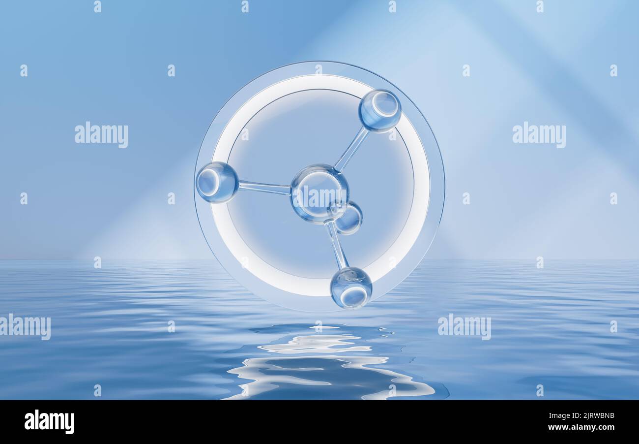 Molecule with water surface background, 3d rendering. Computer digital ...