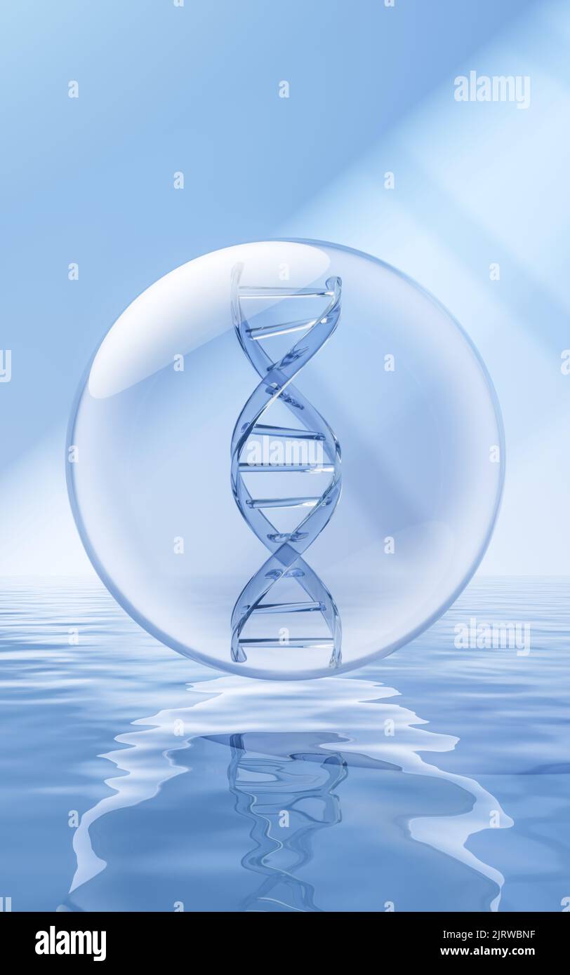 DNA with water surface background, 3d rendering. Computer digital ...