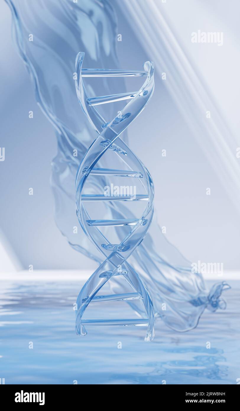 DNA with water surface background, 3d rendering. Computer digital ...