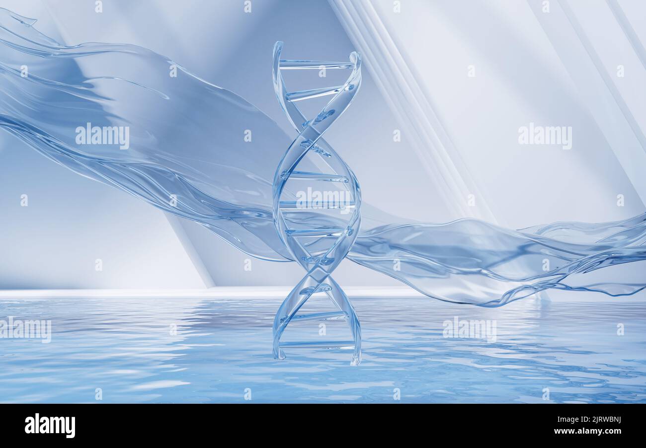 DNA with water surface background, 3d rendering. Computer digital ...