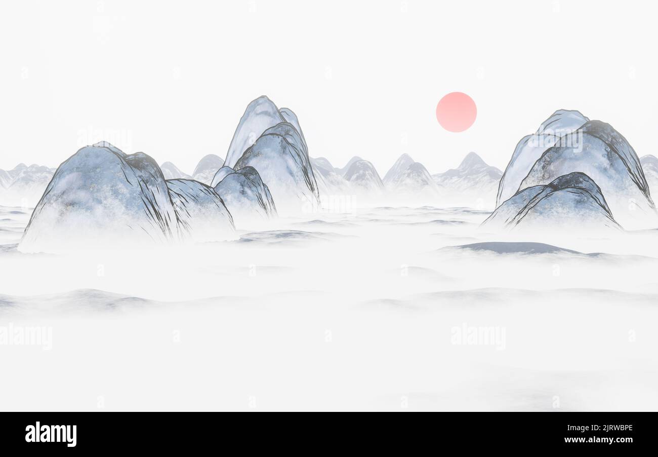 Ink wash painting of mountains, 3d rendering. Computer digital drawing ...