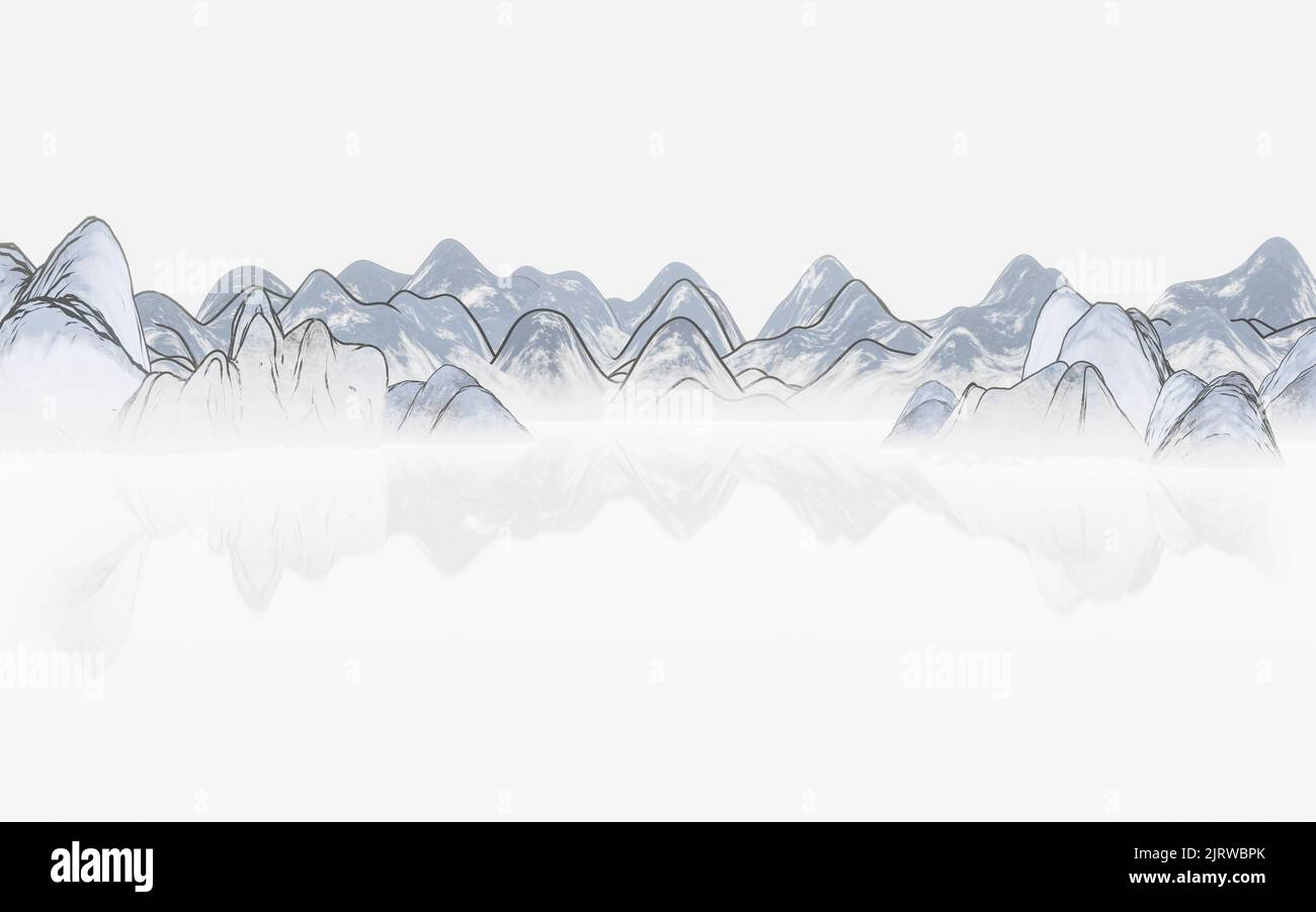 Ink wash painting of mountains, 3d rendering. Computer digital drawing ...