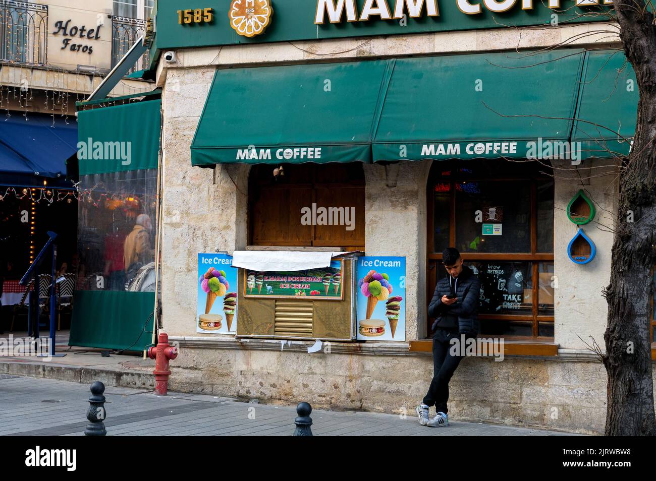 Istanbul, Turkey - January 2022: The view coffee place on one of the ...