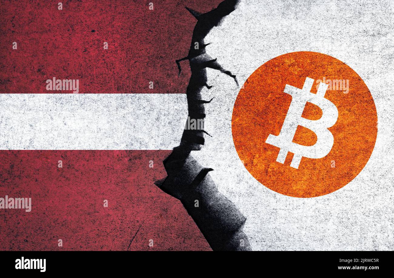 Bitcoin and Latvia flag on a wall with a crack. Latvia Bitcoin banned ...