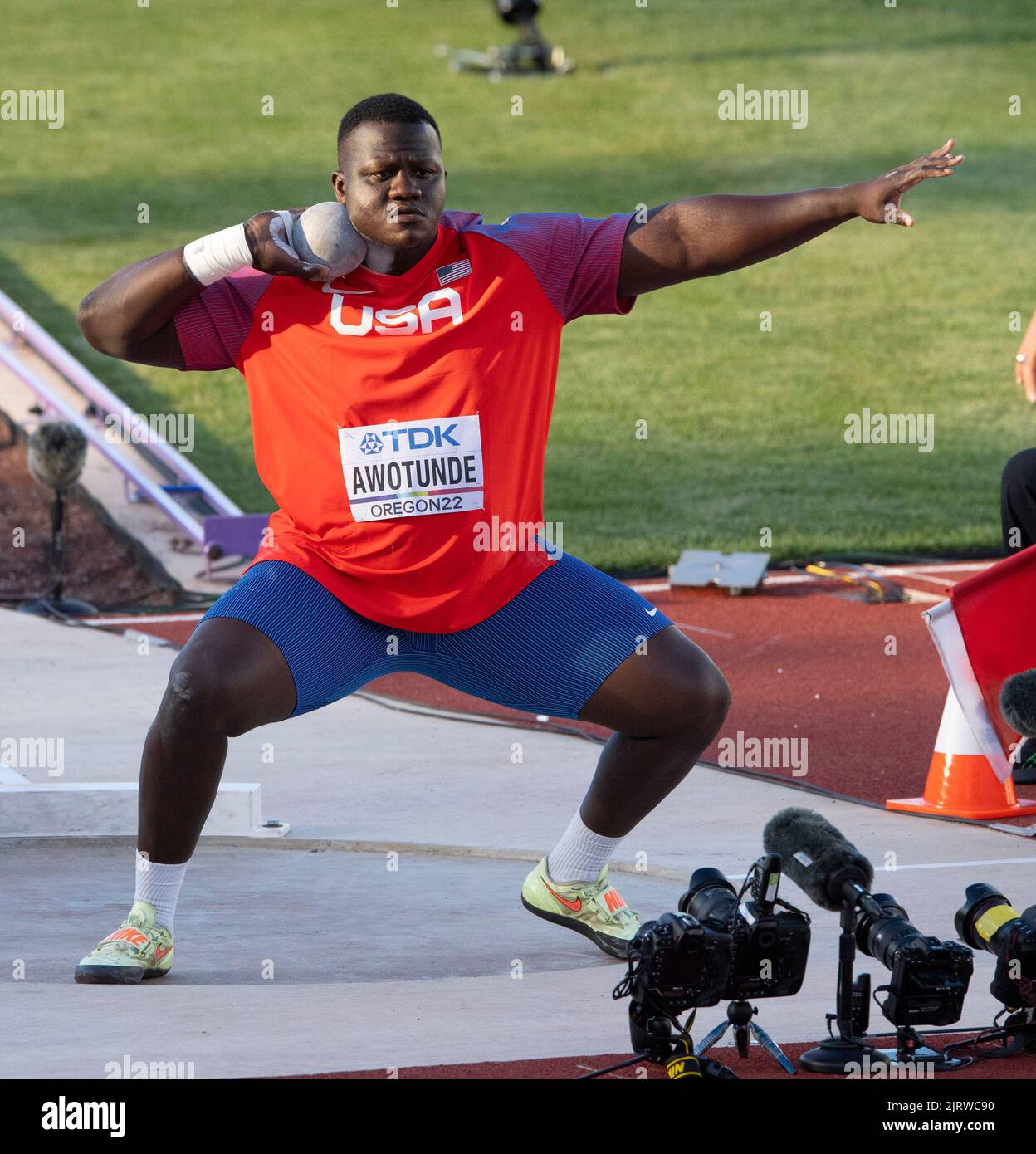 Josh Awotunde of the USA competing in the men’s shot put heats at the ...
