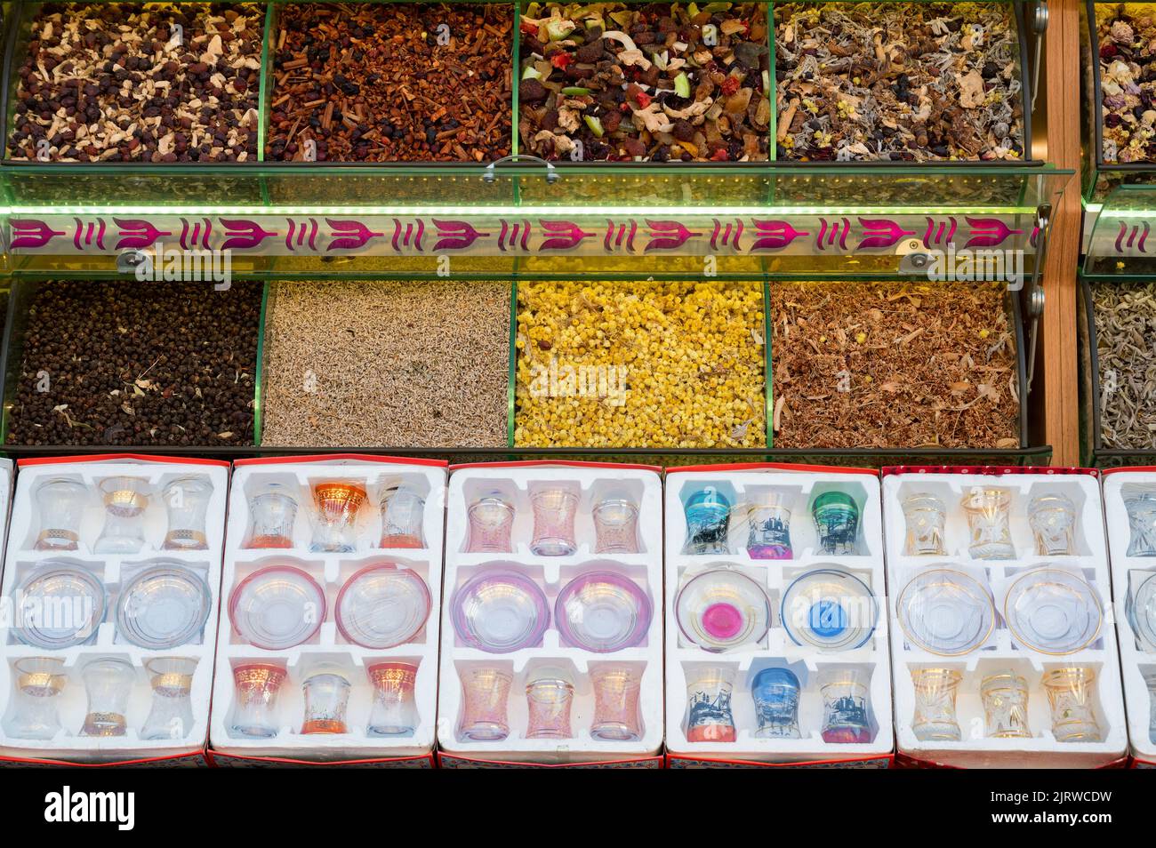 Istanbul, Turkey -2022. The view of different types of tea, herbs ...