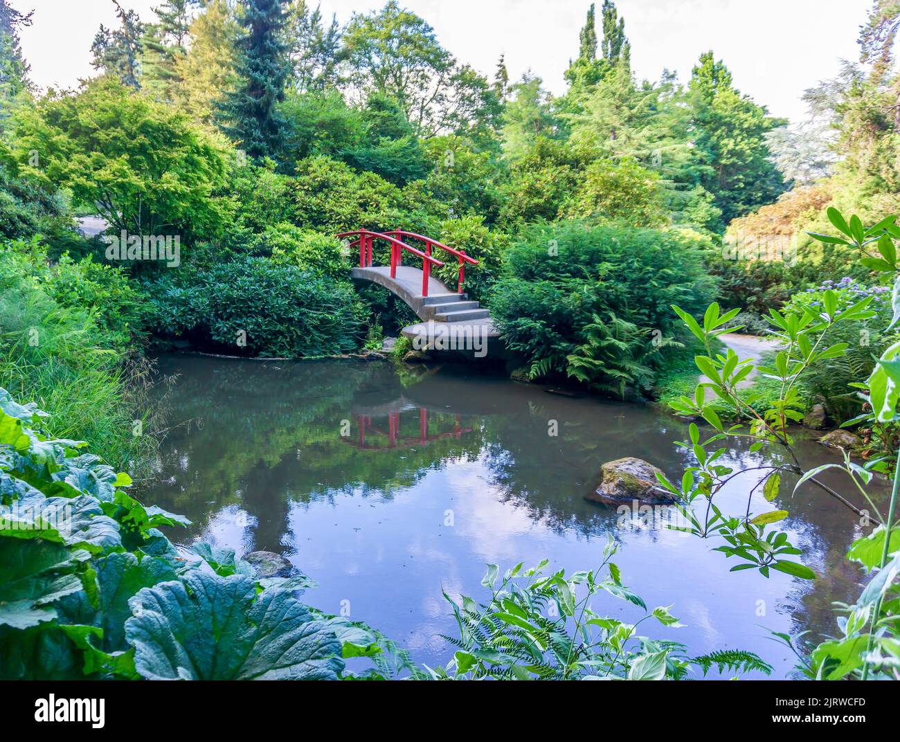 A red walking bridge in a garden in Seattle, Washington Stock Photo - Alamy