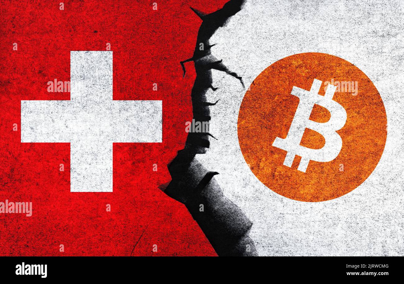 Bitcoin and Switzerland flag on a wall with a crack. Switzerland ...