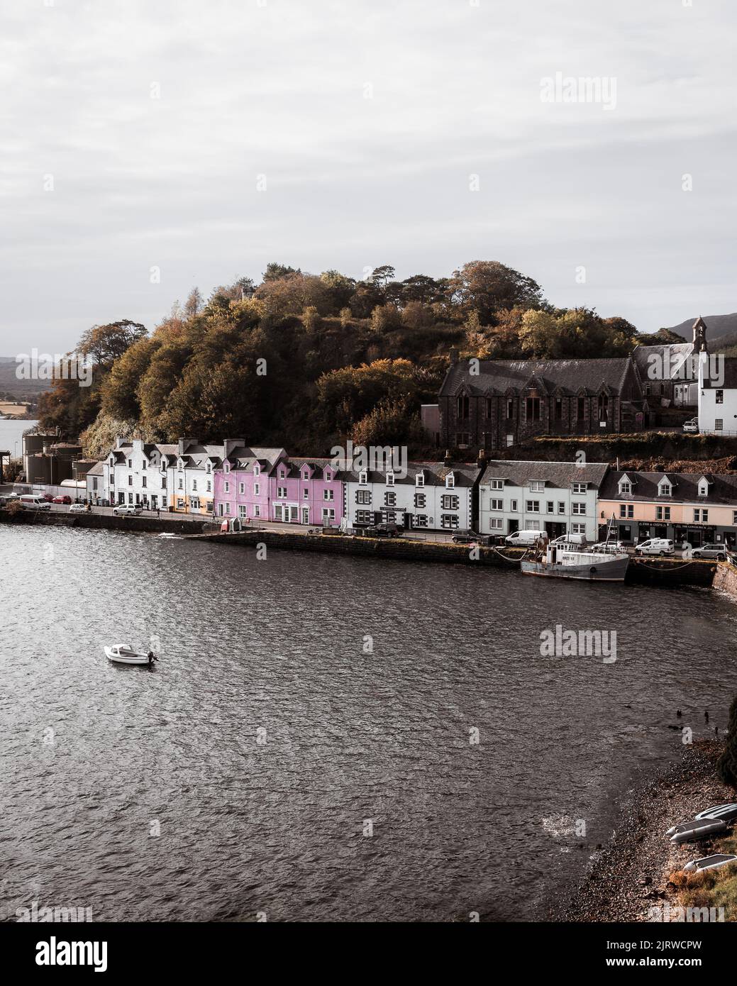 The vertical aerial view of the seaside buildings in the Isle of Skye ...