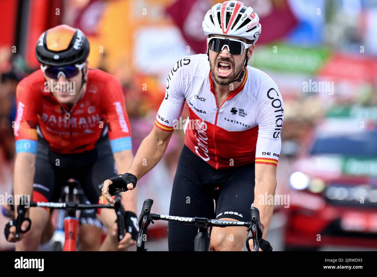 Spanish Jesus Herrada Lopez of Cofidis celebrates as he crosses the ...