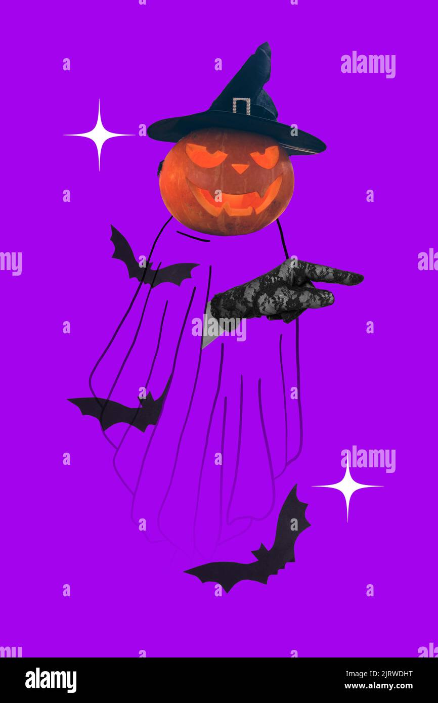 Collage photo of flying levitating ghosh head pumpkin halloween wear ...