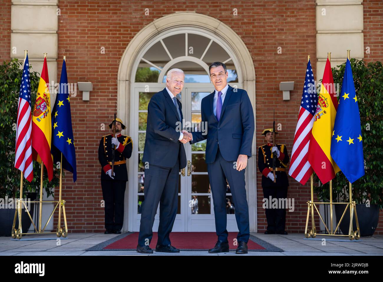 President Joe Biden greets President Pedro Sánchez of Spain, Tuesday ...