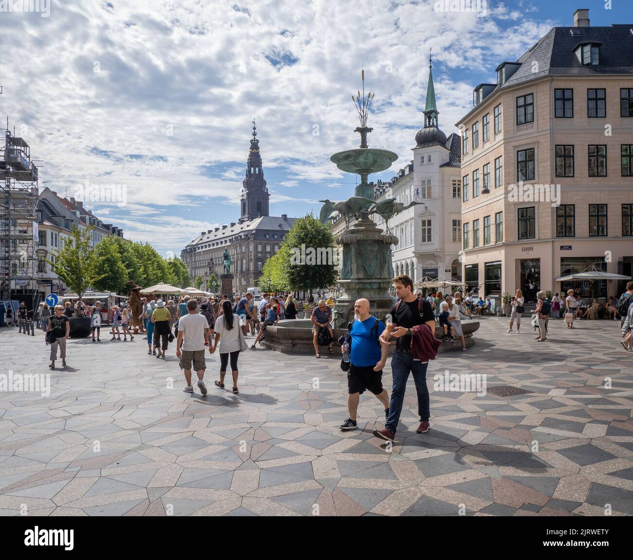 Amagertorv or Amager Square in central Copenhagen Denmark with the stork fountain at its centre ...