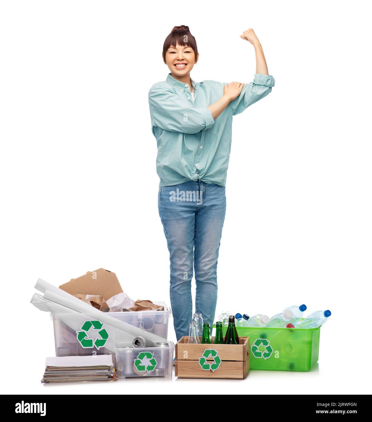 happy woman sorting paper, metal and plastic waste Stock Photo - Alamy