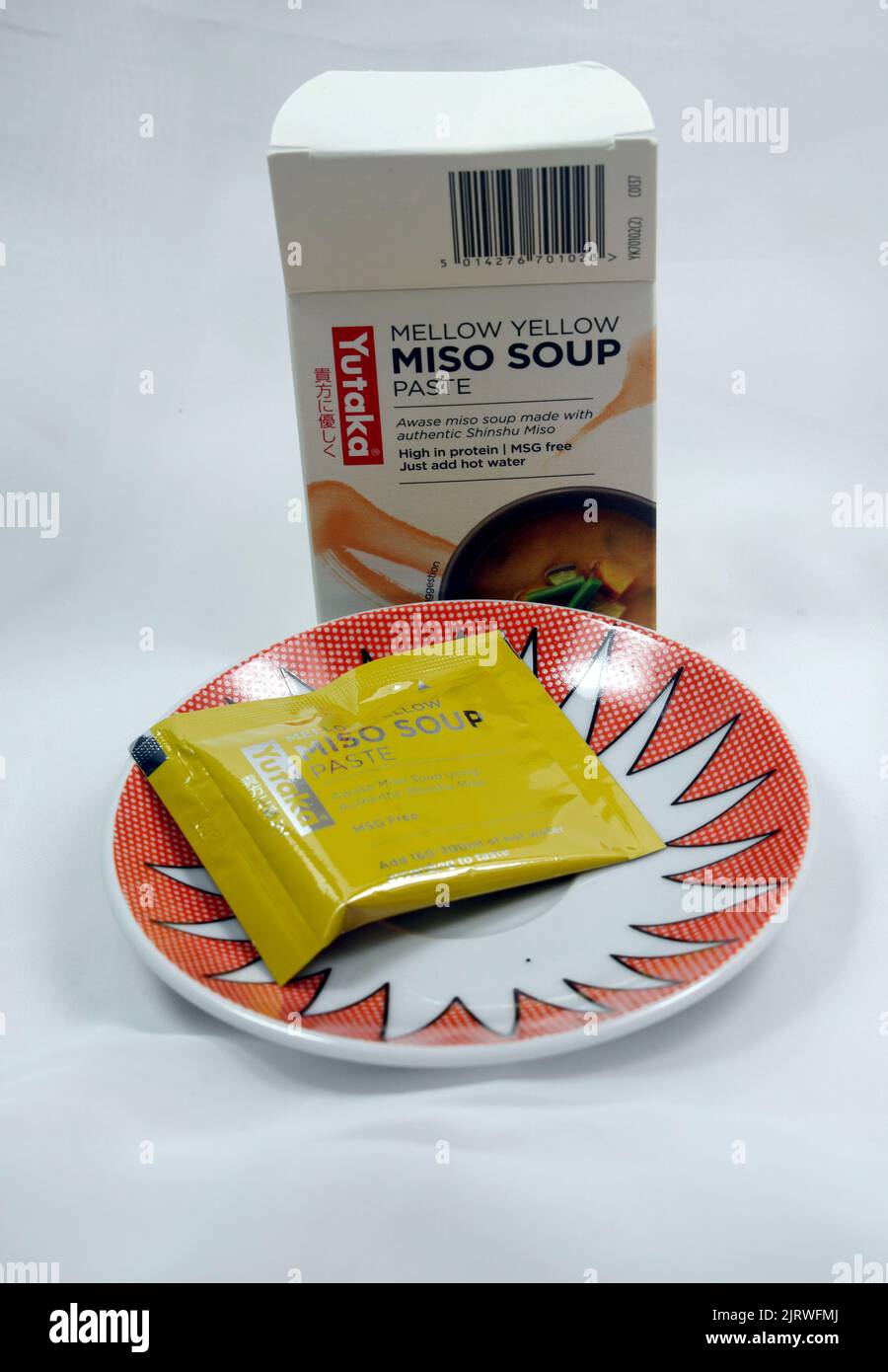 Miso soup box and sachet on a pretty psaucer. Studio set up Stock Photo ...