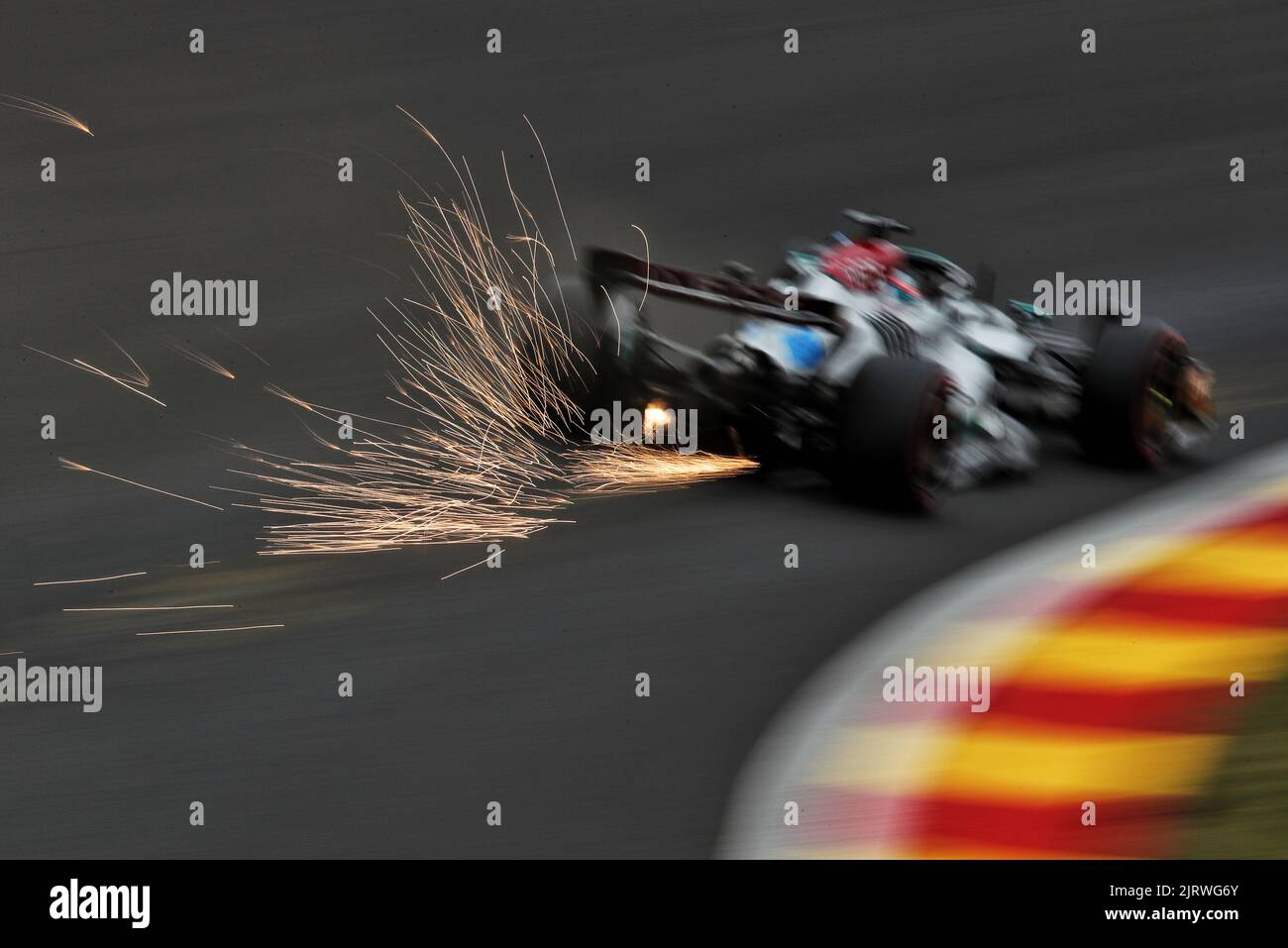 George Russell (GBR) Mercedes AMG F1 W13 sends sparks flying. Belgian ...