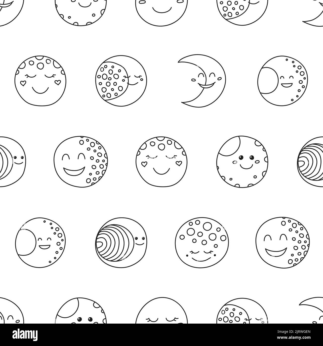 Black and white seamless pattern with doodle outline happy moon icons ...