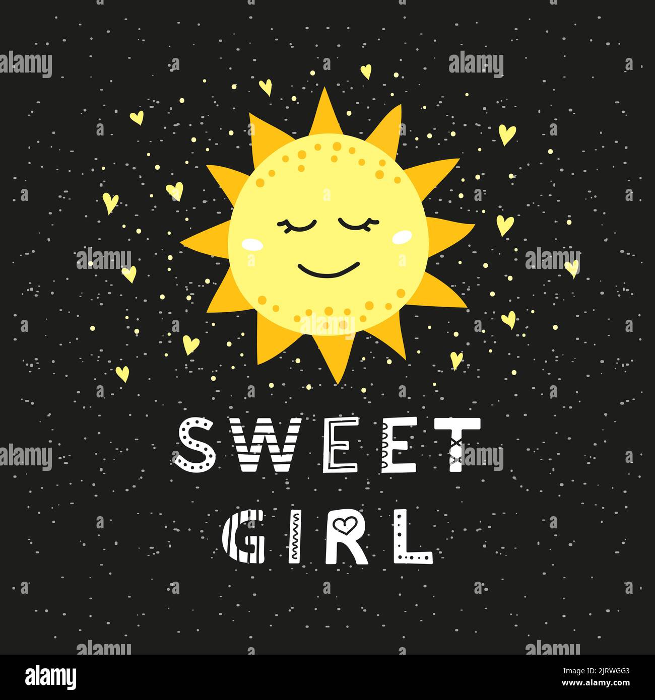 Poster with doodle happy sun character and lettering in Scandinavian ...