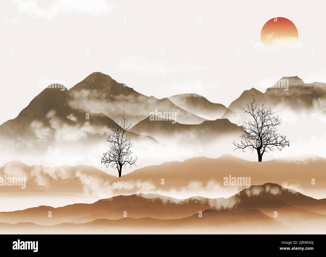 3d Chinese landscape mural art wallpaper. black trees and brown ...