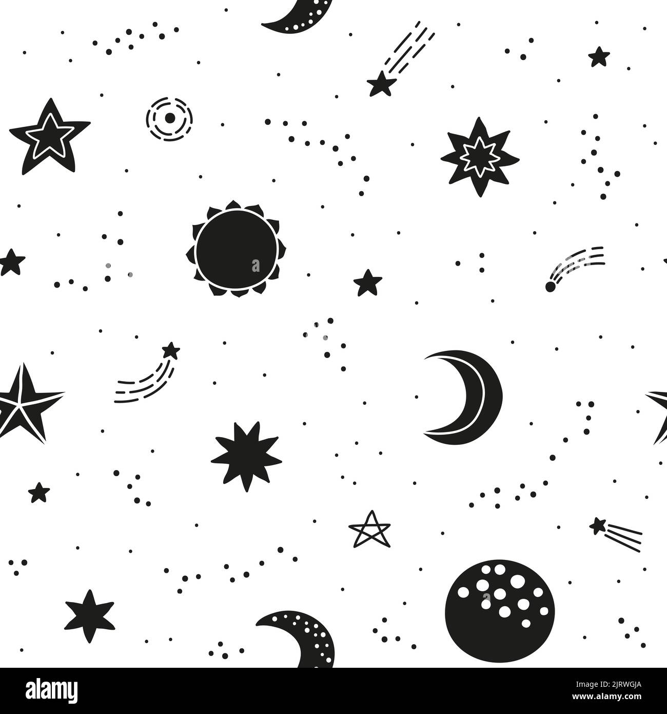 Black and white seamless space pattern with doodle stars, sun and moon ...
