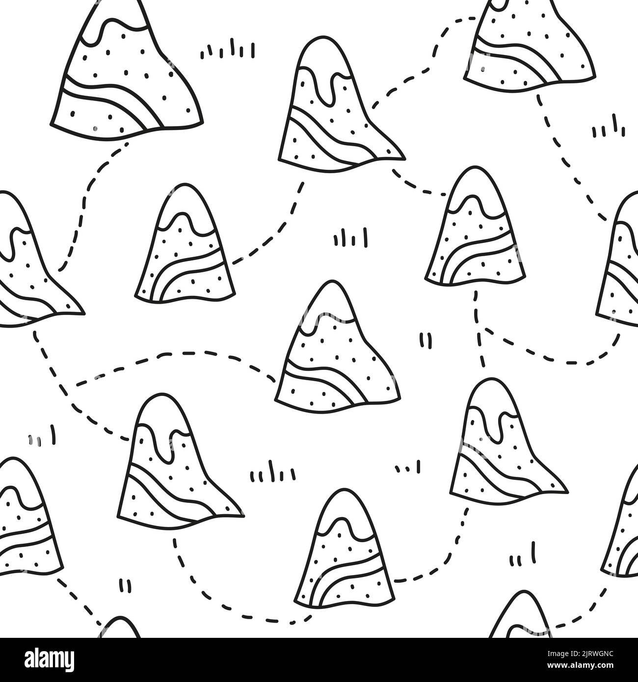 Black and white seamless pattern with doodle outline mountains and ...