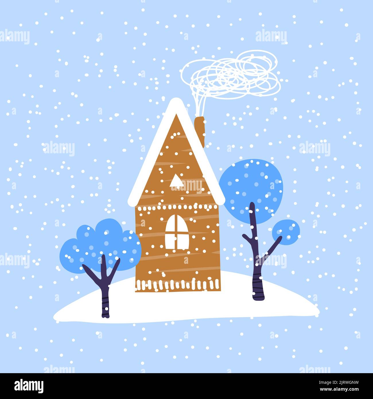 Cute illustration with small doodle house, trees and snow in ...