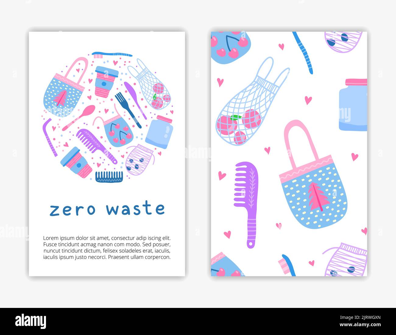 Card templates with doodle colorful ecological icons. Zero waste life ...