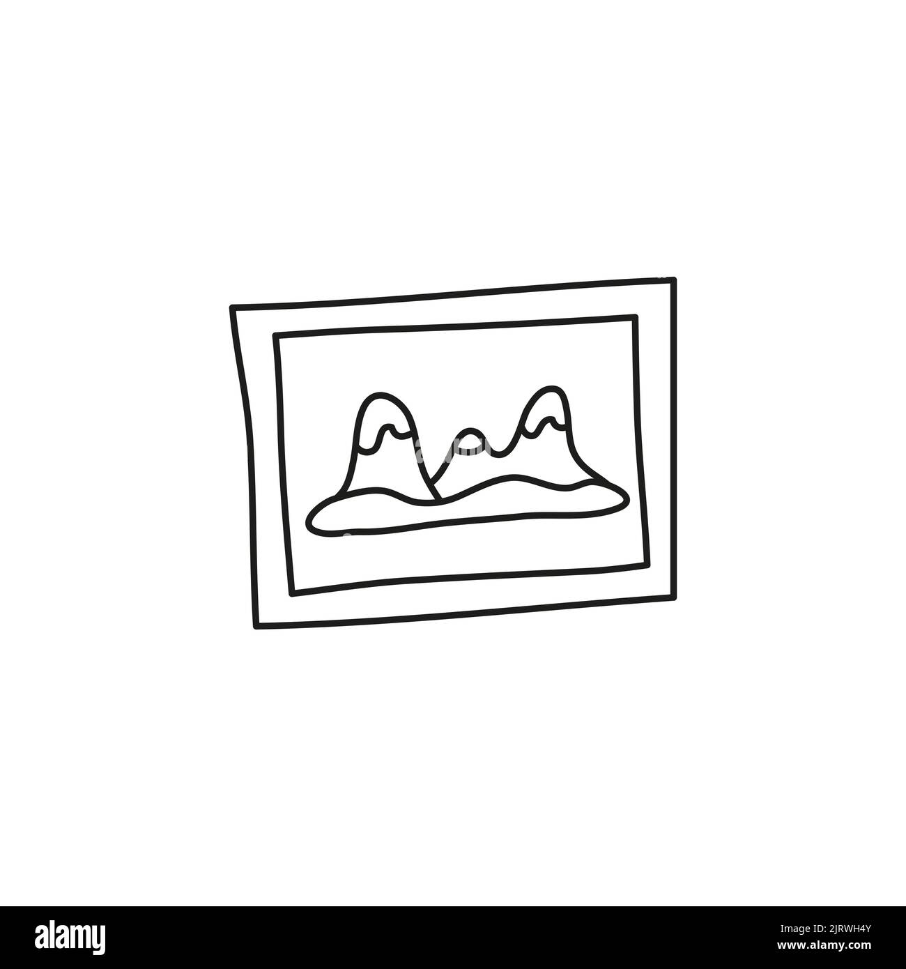Doodle outline picture with mountains in frame isolated on white ...
