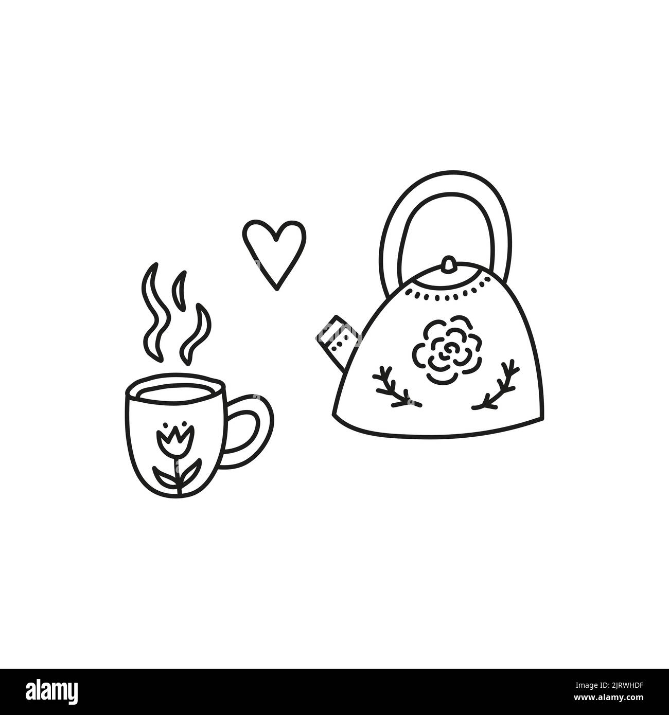 Cute doodle outline teapot and hot drink in cup with Scandinavian decor ...