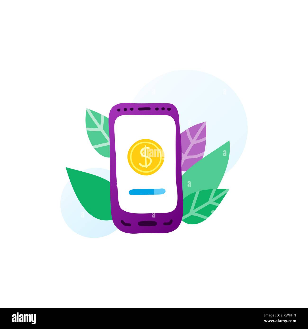 Flat doodle smartphone with dollar coin on screen and leaves around in ...