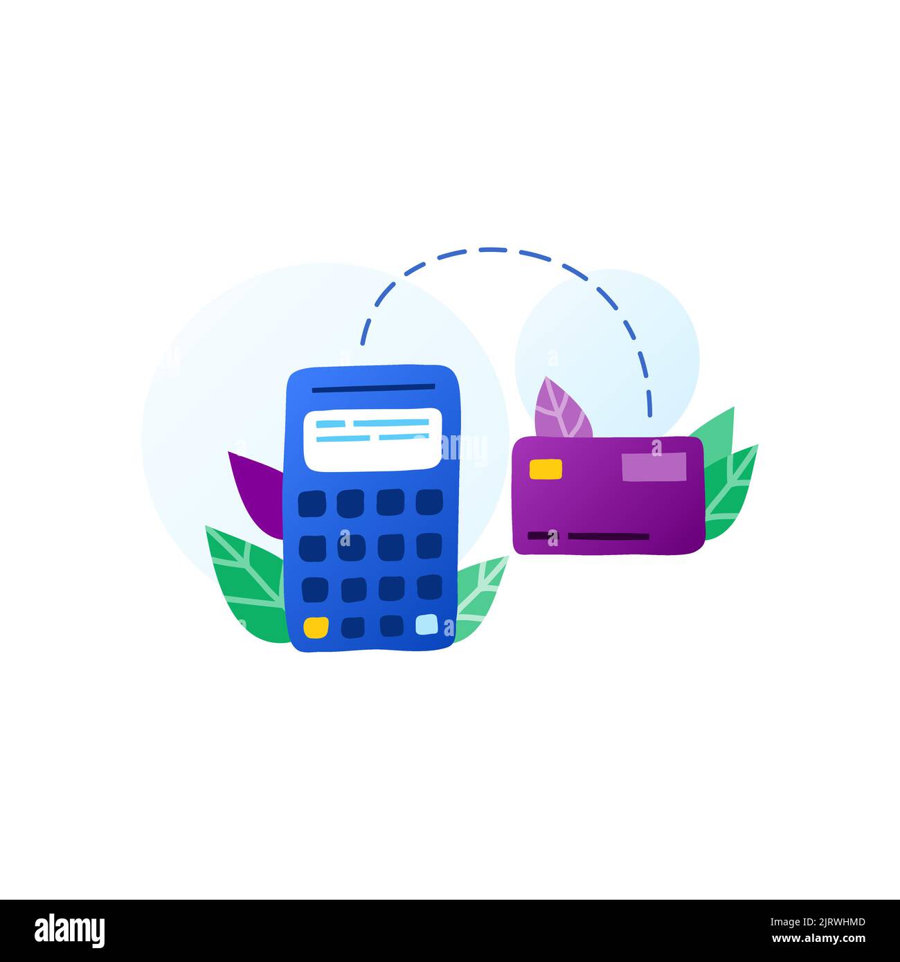 Flat doodle terminal, bank card and leaves in purple, blue, green ...