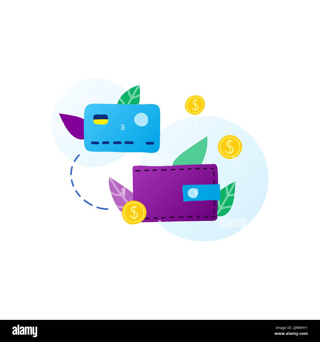 Flat doodle wallet, card and leaves in purple, blue, green colors ...