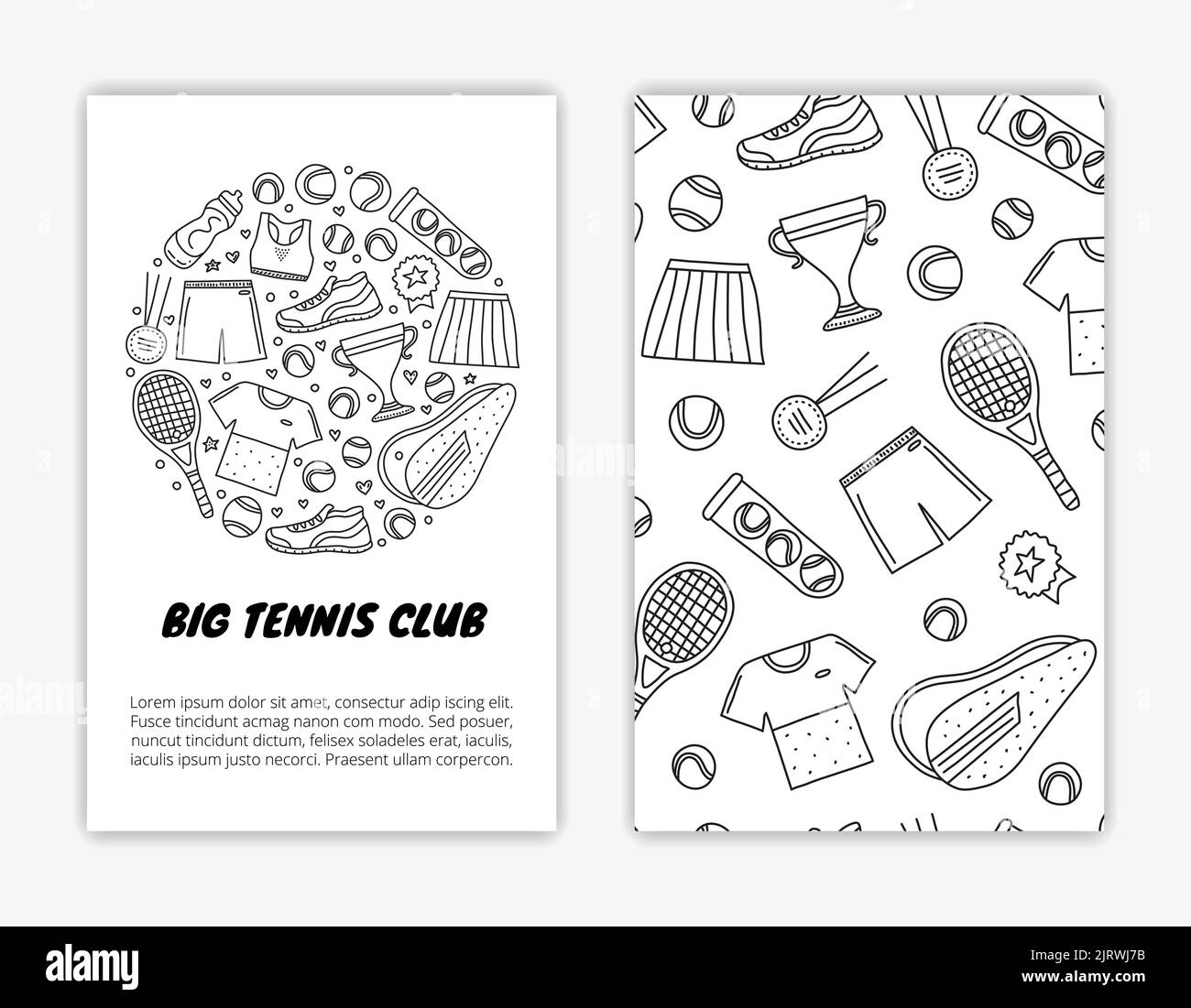Card templates with doodle outline big tennis and sport items ...