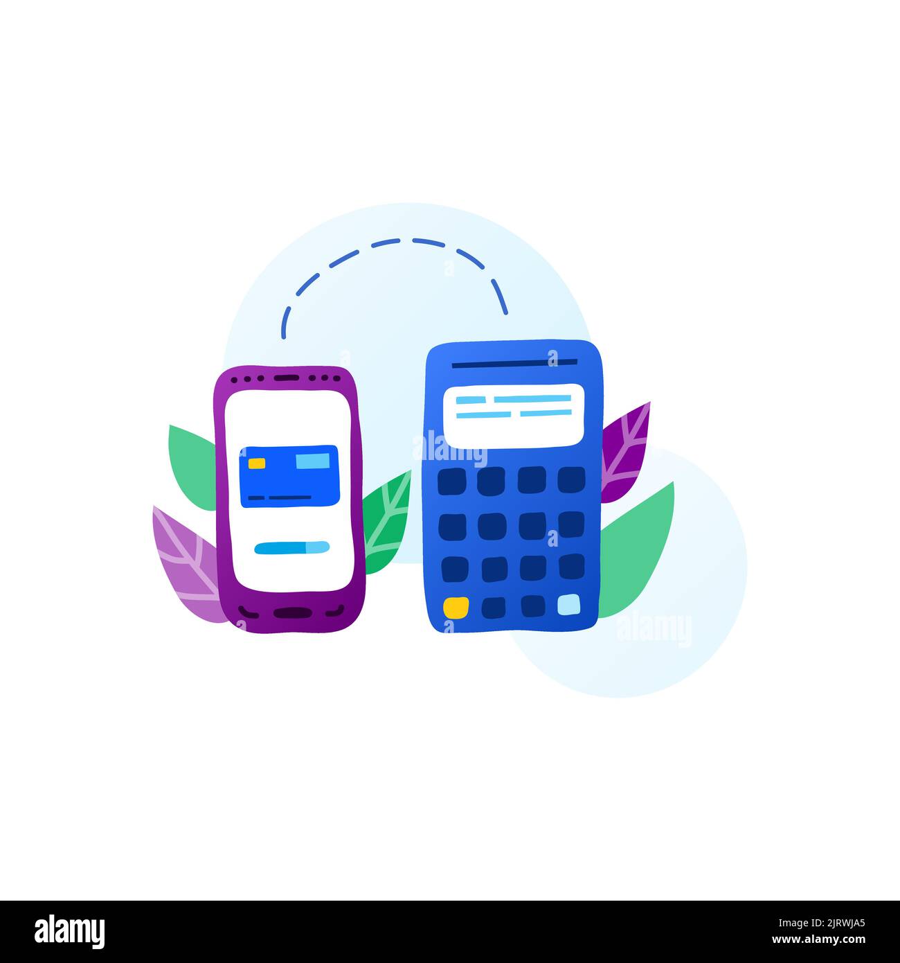 Flat doodle terminal, smartphone with bank card on screen and leaves in ...