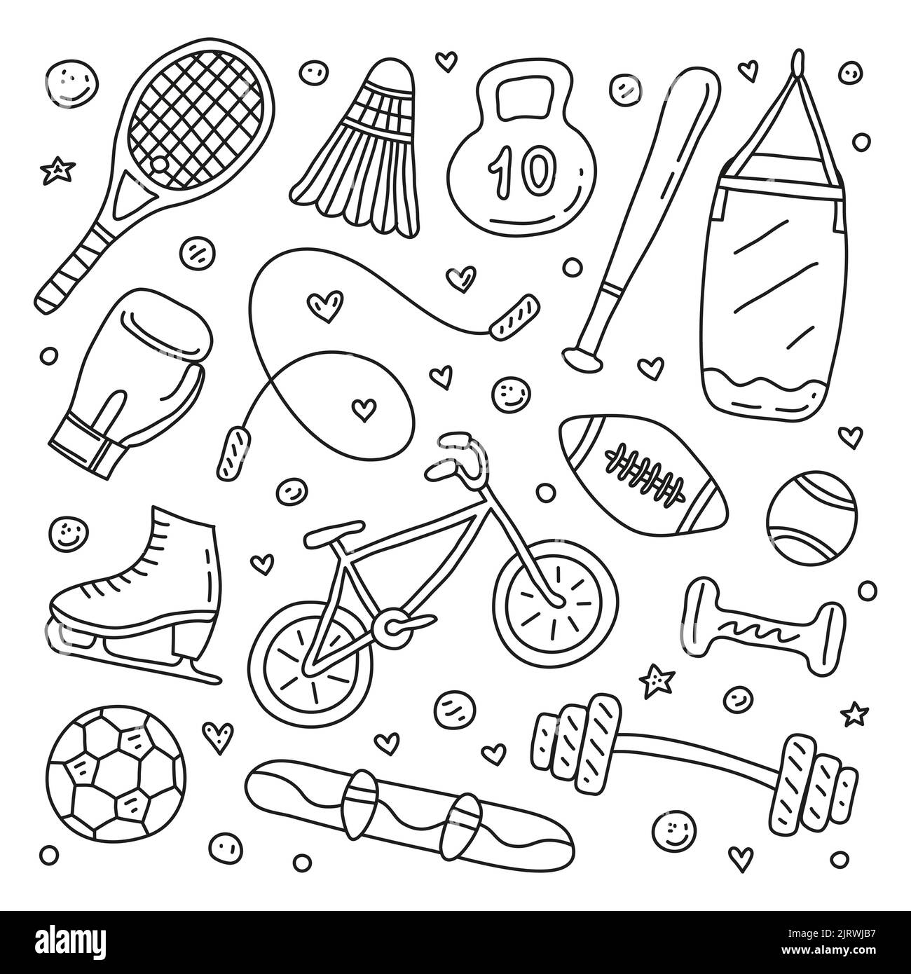 Set of doodle outline sport items, equipment isolated on white ...