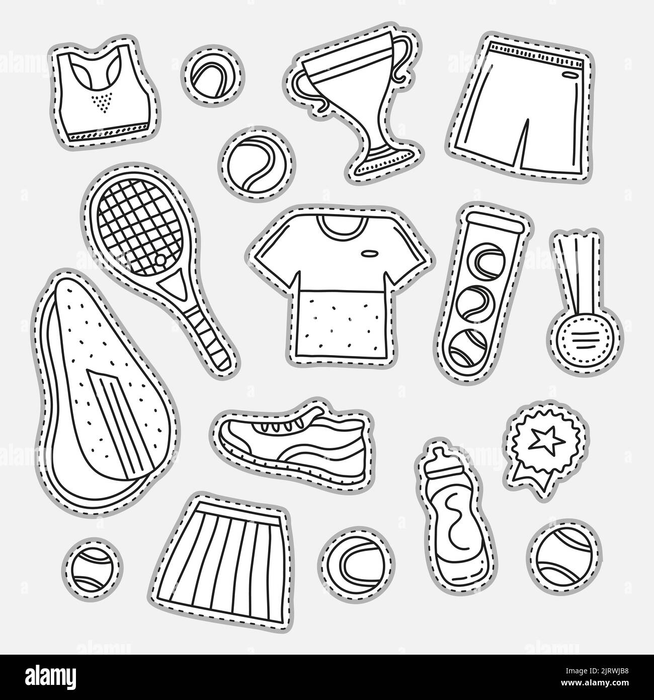 Set of uncolored sport doodle stickers isolated on grey background ...